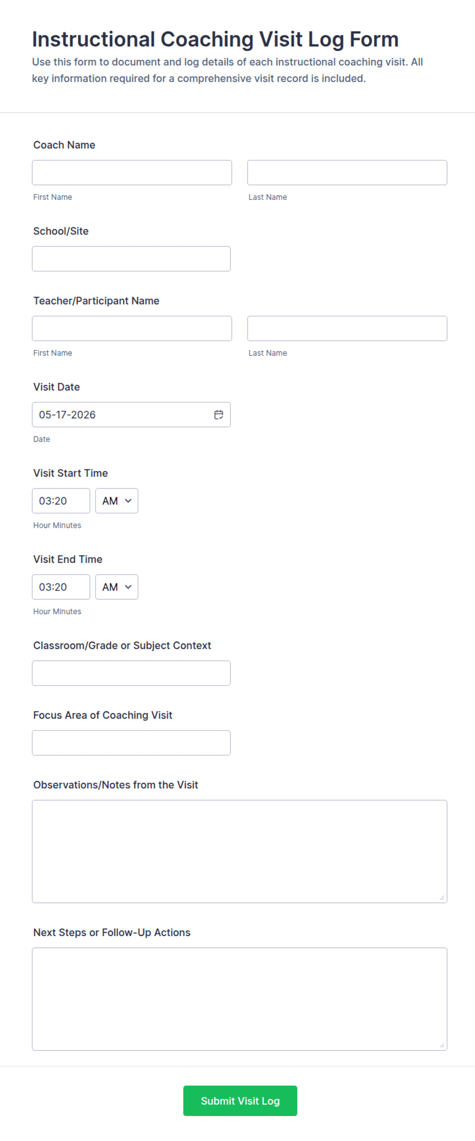 Instructional Coaching Visit Log Form Template | Jotform