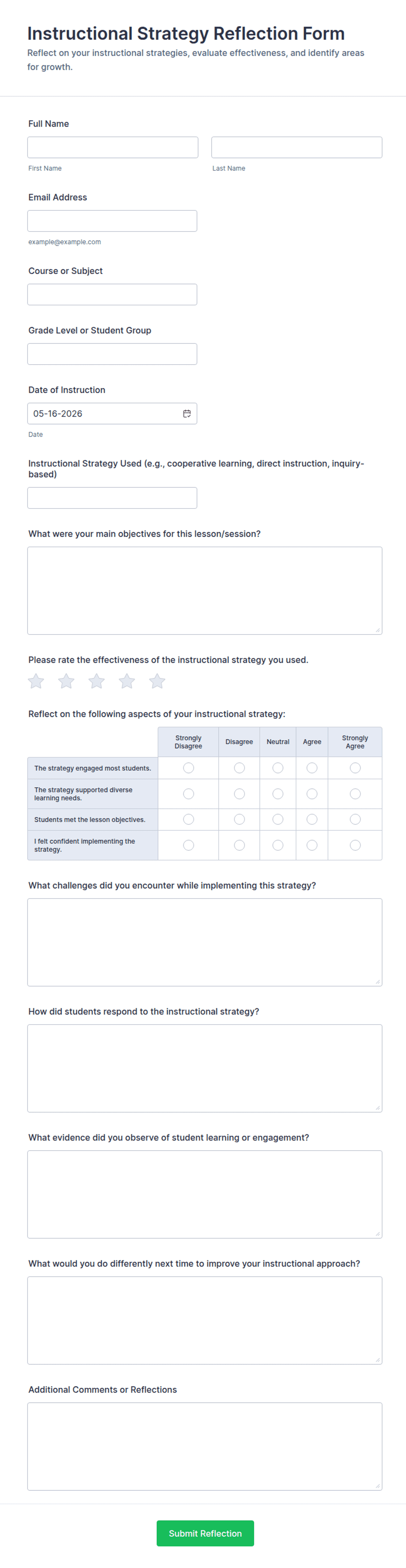 Instructional Strategy Reflection Form Template | Jotform