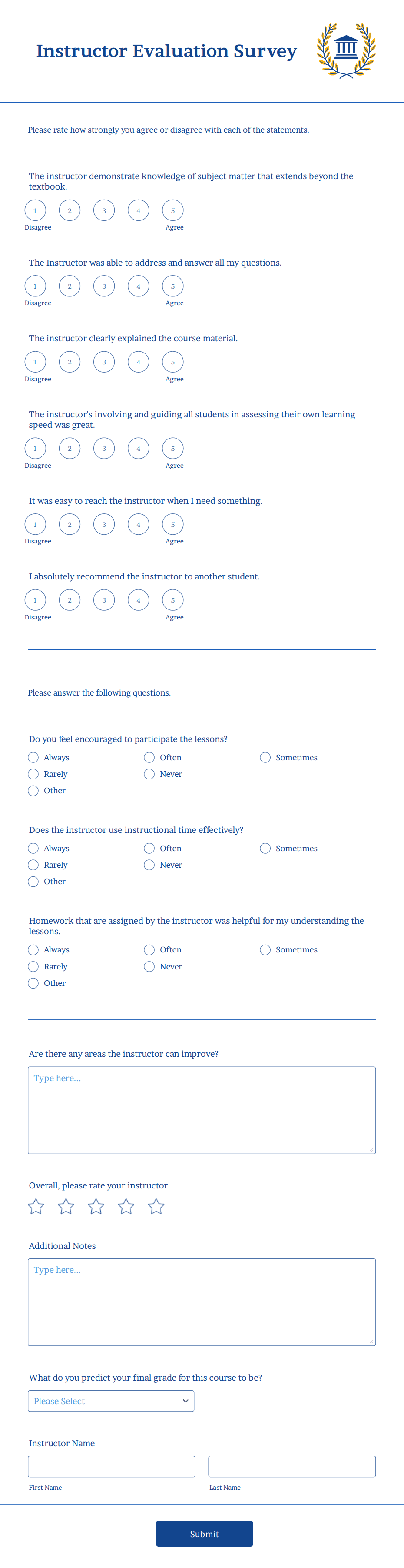 Instructor Evaluation Form Template | Jotform