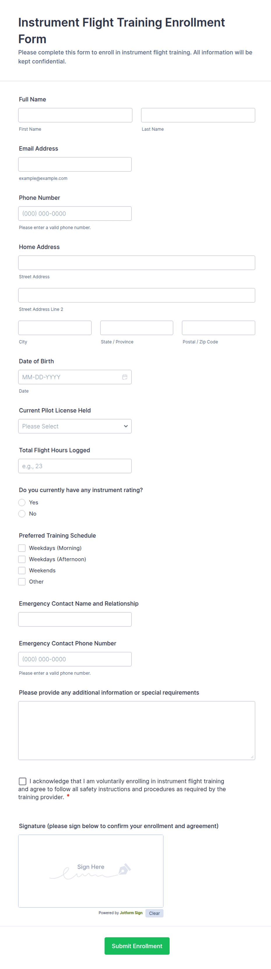 Instrument Flight Training Enrollment Form Template | Jotform