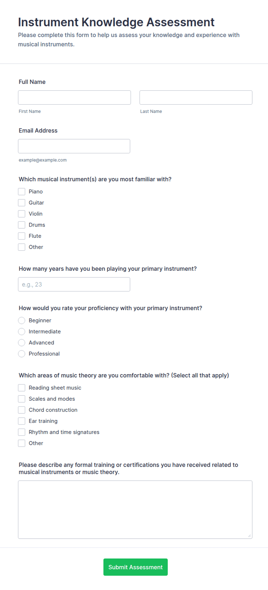 Instrument Knowledge Assessment Form Template | Jotform