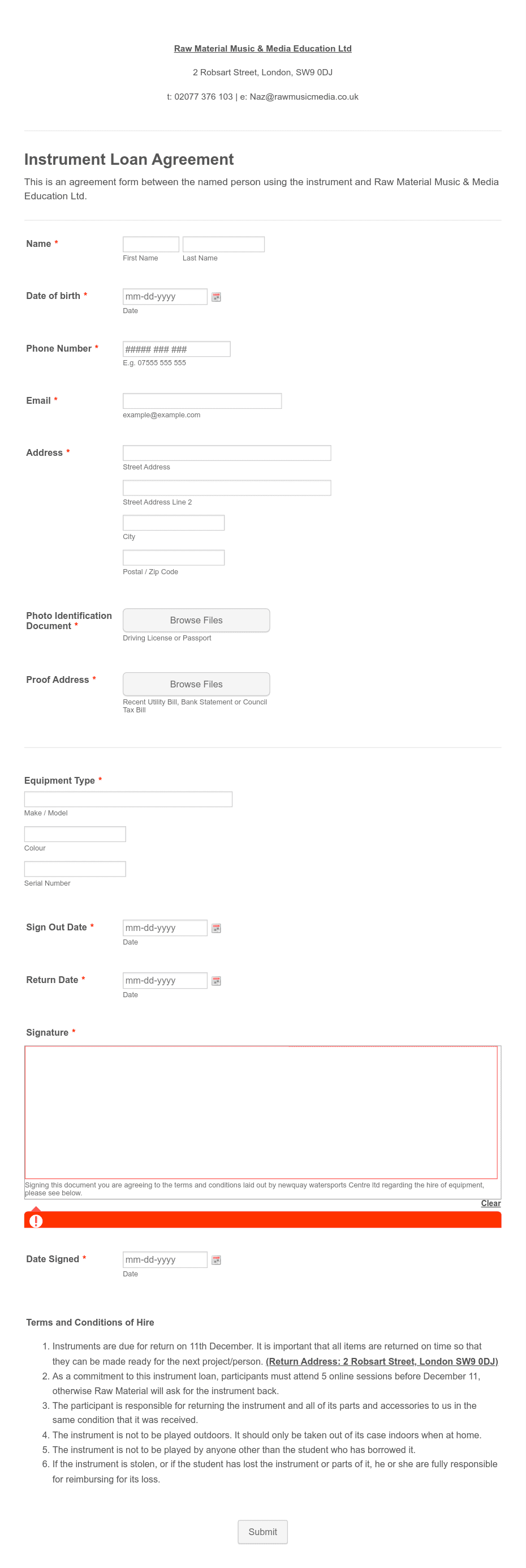 Instrument Loan Agreement Form Template | Jotform