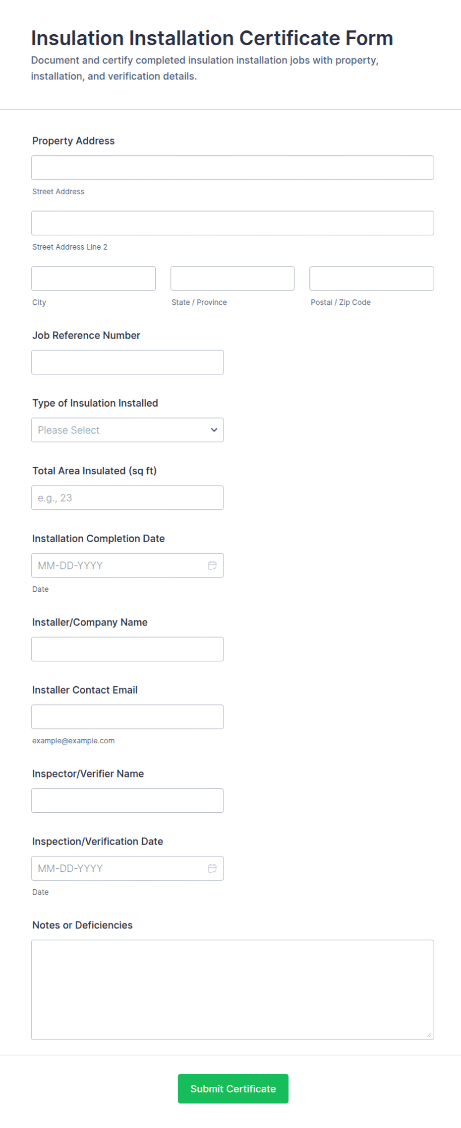 Insulation Installation Certificate Form Template | Jotform