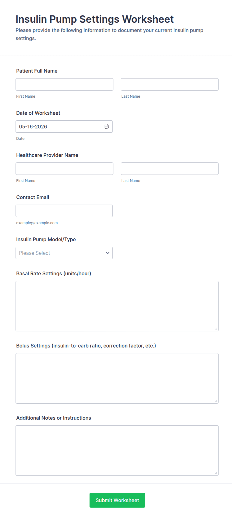 Insulin Pump Settings Worksheet Form Template | Jotform