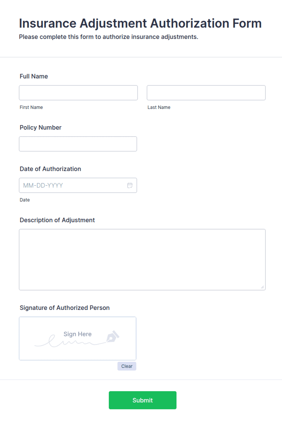Insurance Adjustment Authorization Form Template | Jotform