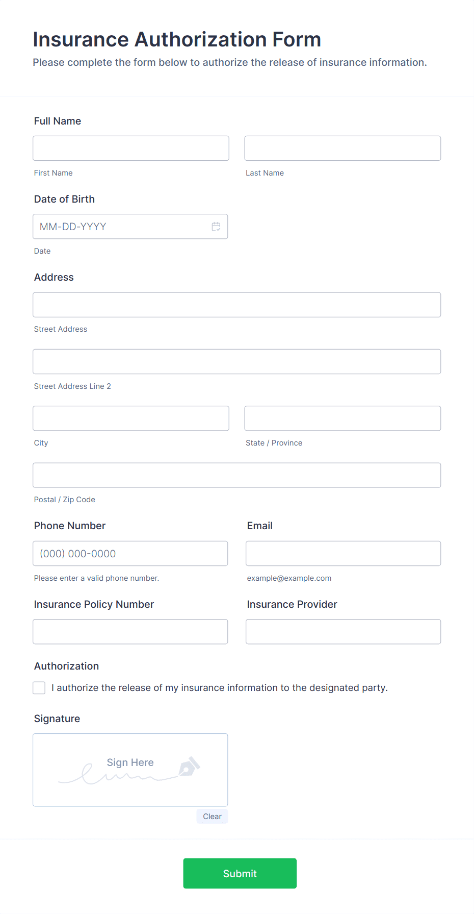 Insurance Authorization Form Template | Jotform