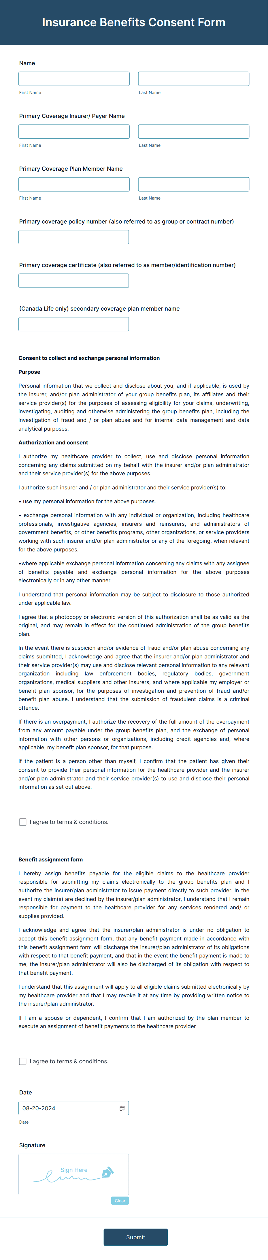 Insurance Benefits Consent Form Template | Jotform