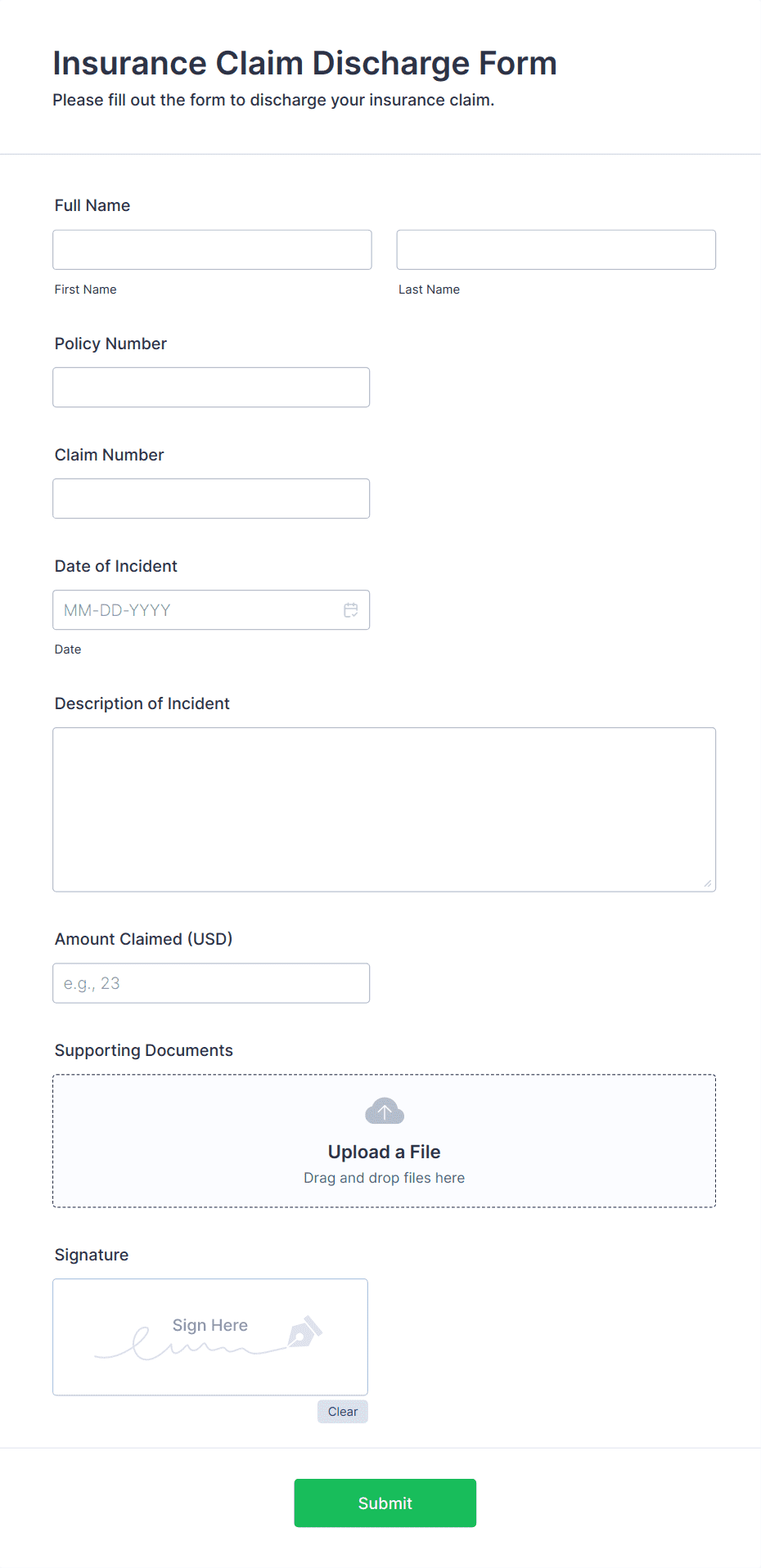 Insurance Claim Discharge Form Template | Jotform