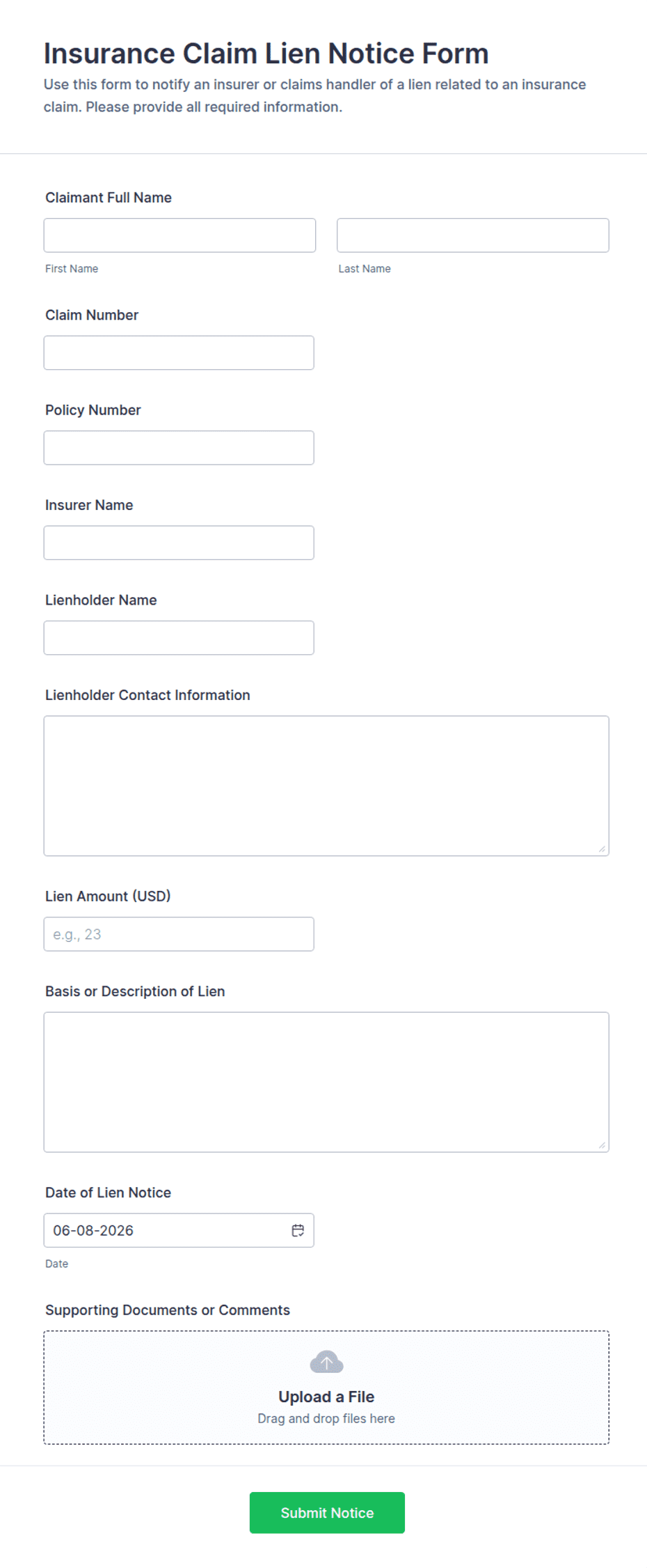 Insurance Claim Lien Notice Form Template | Jotform