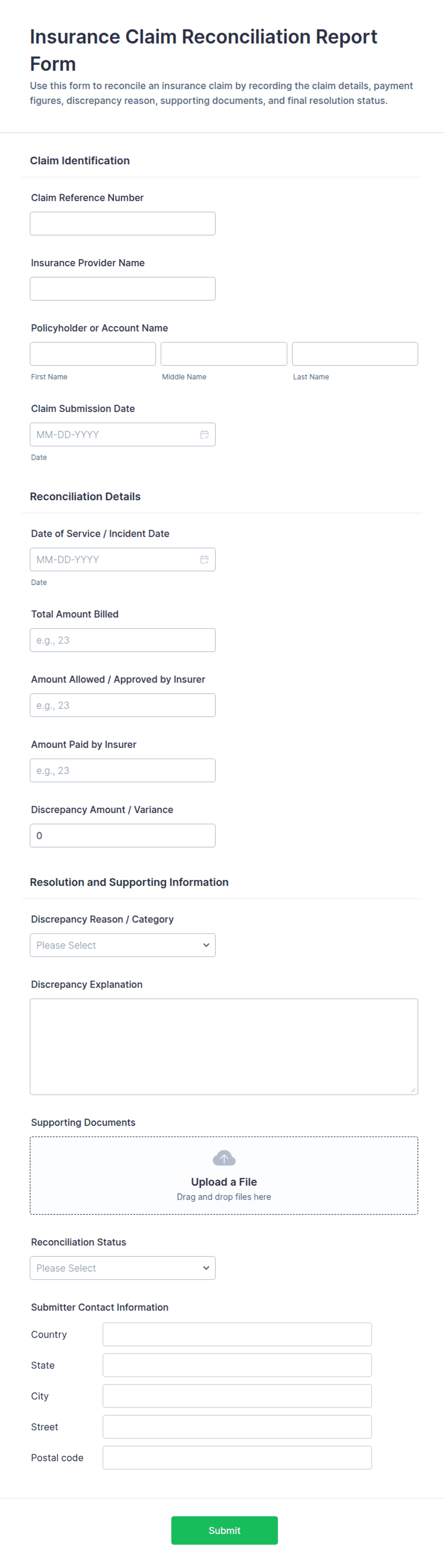 Insurance Claim Reconciliation Report Form Template | Jotform