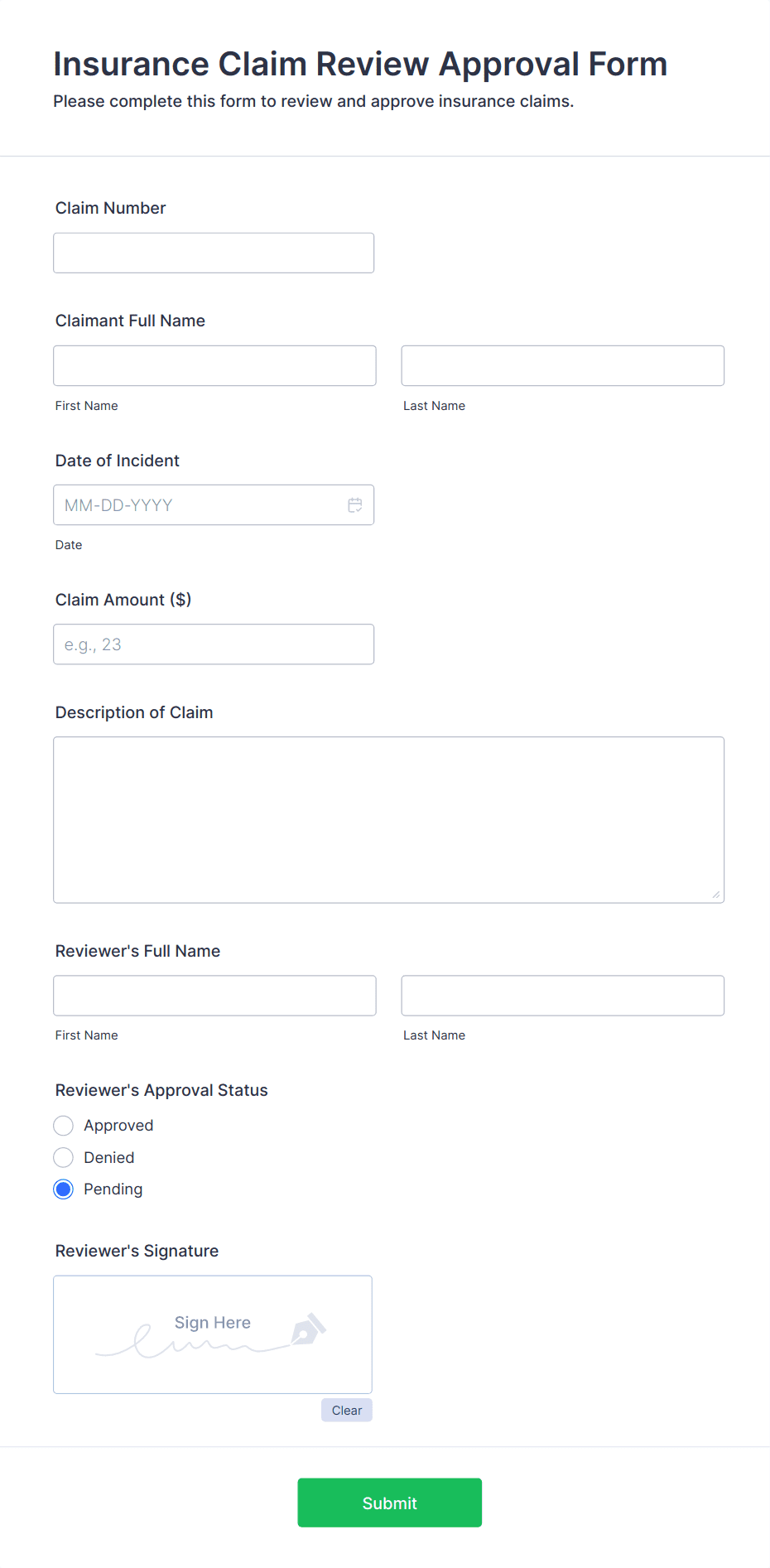 Insurance Claim Review Approval Form Template | Jotform
