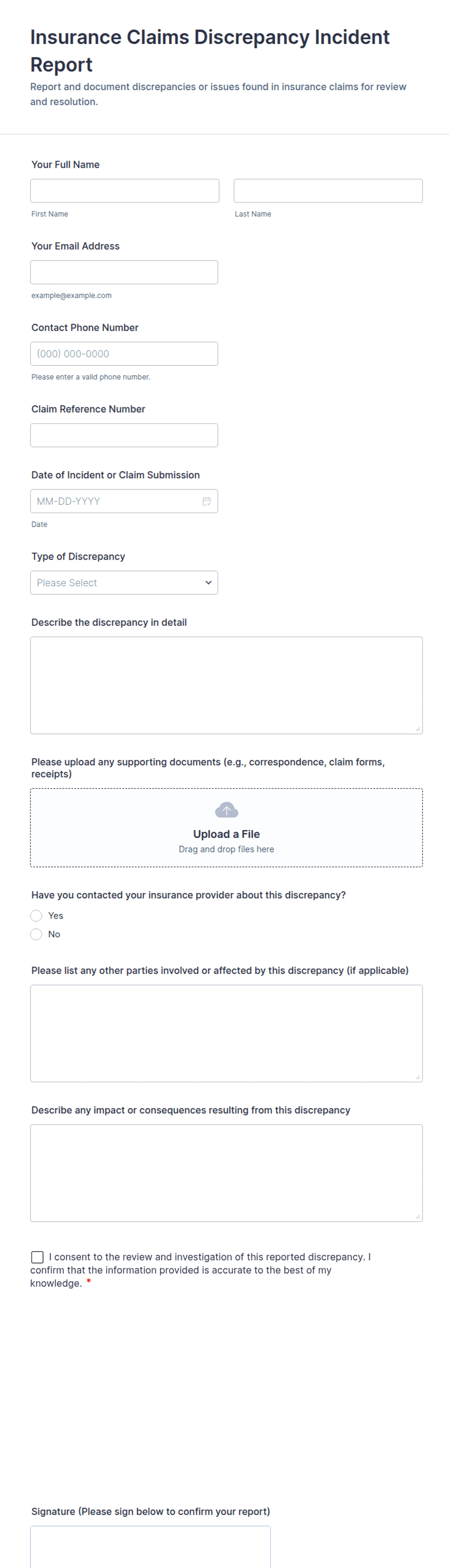 Insurance Claims Discrepancy Incident Report Form Template | Jotform