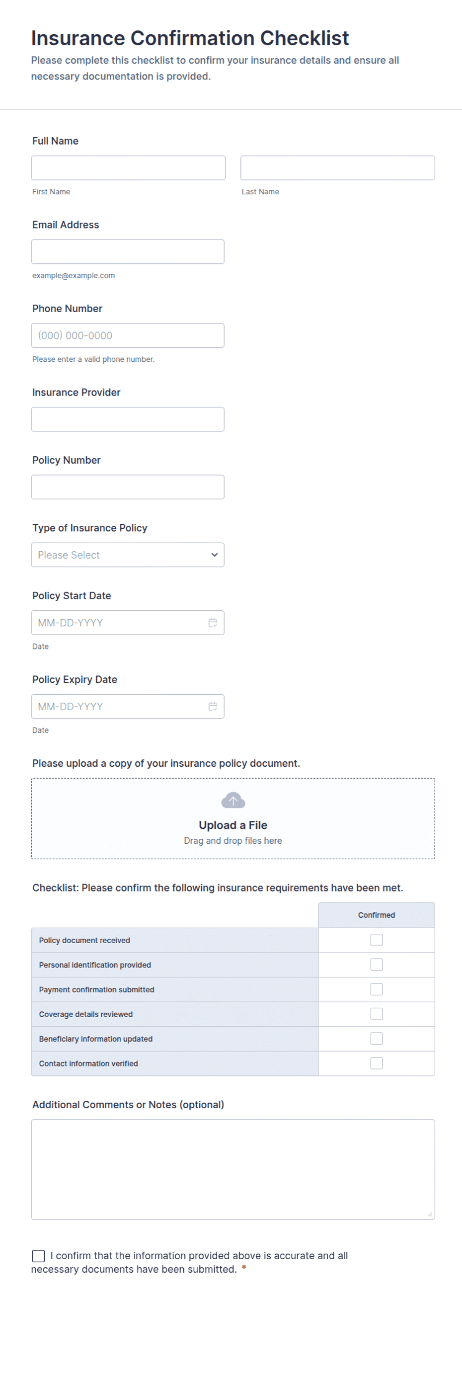 Insurance Confirmation Checklist Form Template | Jotform