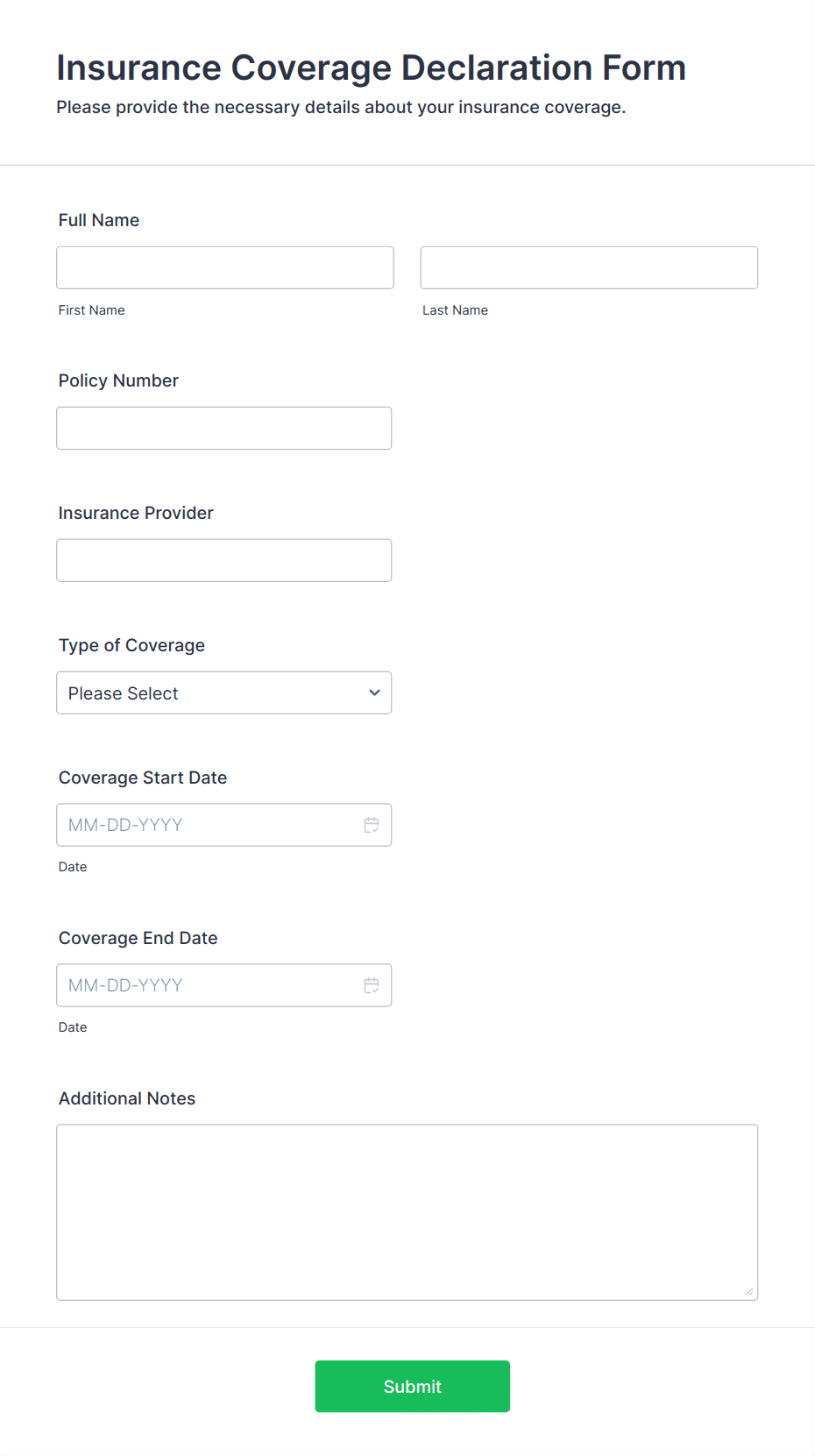 Insurance Coverage Declaration Form Template | Jotform