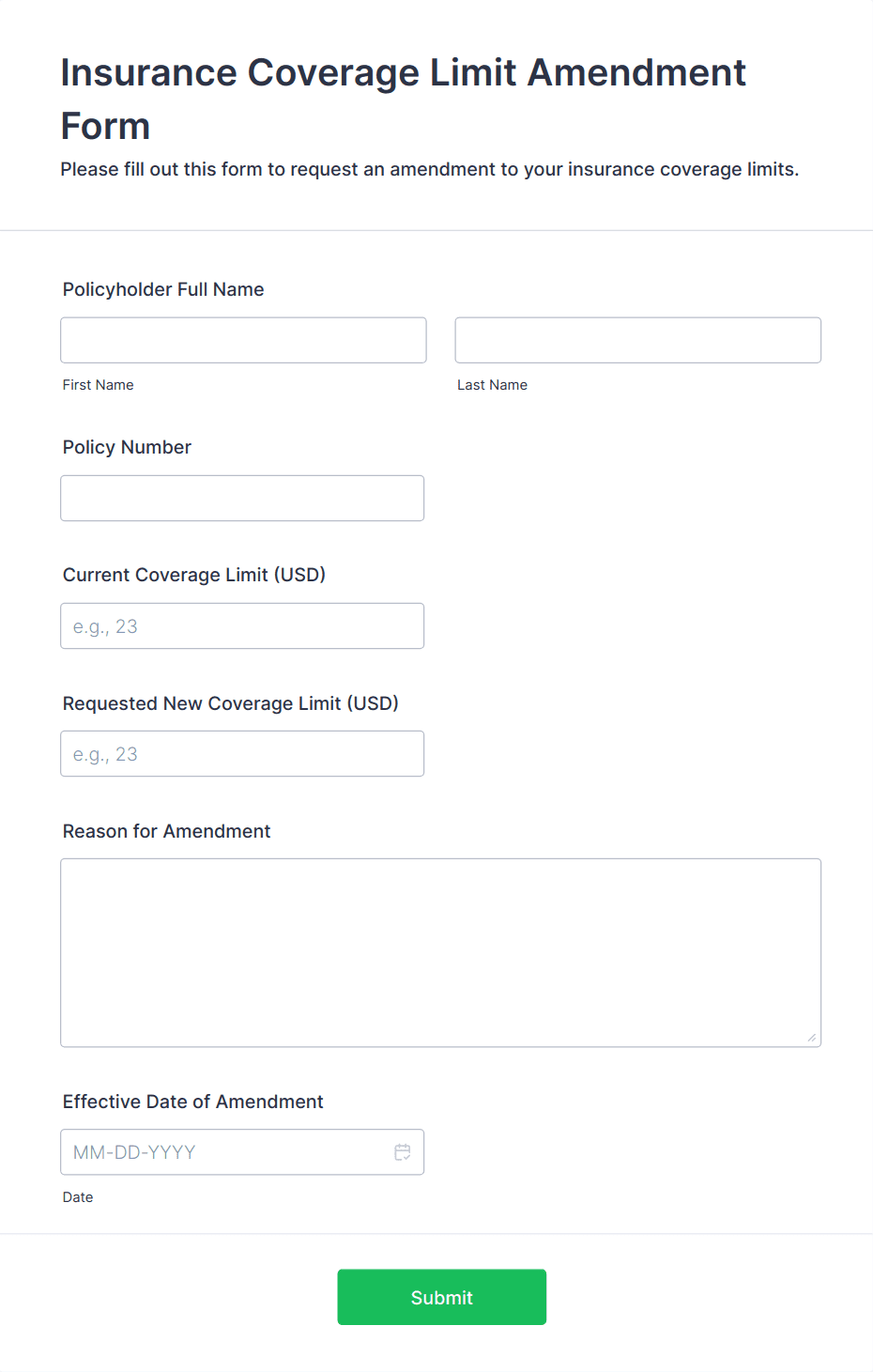 Insurance Coverage Limit Amendment Form Template | Jotform