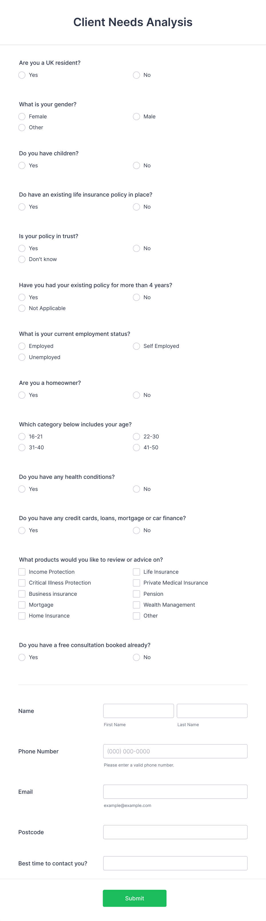 Insurance Needs Analysis Form Template | Jotform