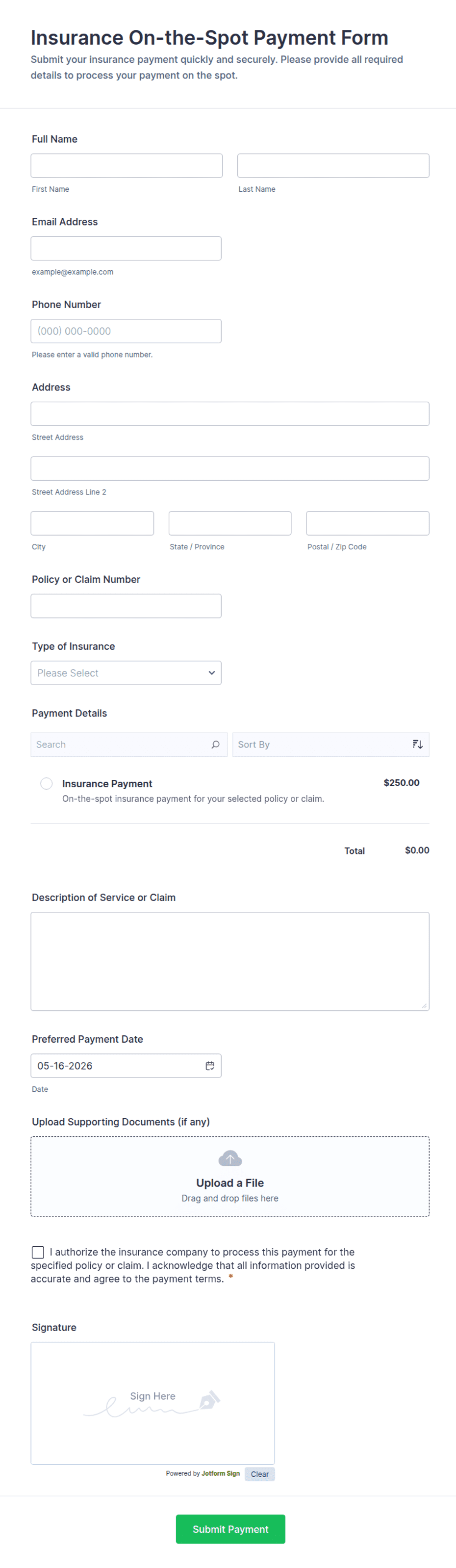 Insurance On-the-Spot Payment Form Template | Jotform