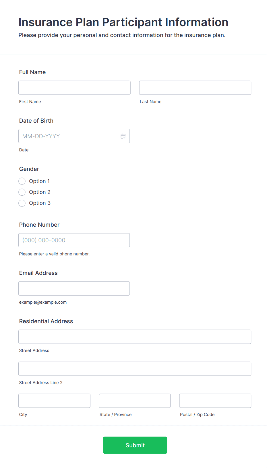 Insurance Plan Participant Information Form Template | Jotform