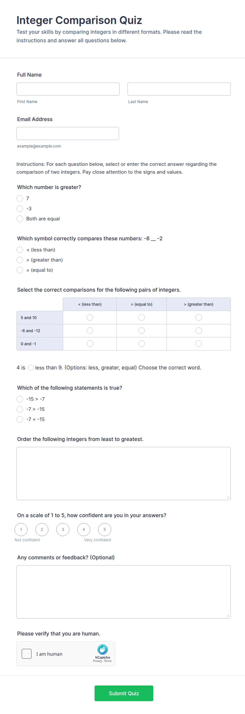 Integer Comparison Quiz Form Template | Jotform