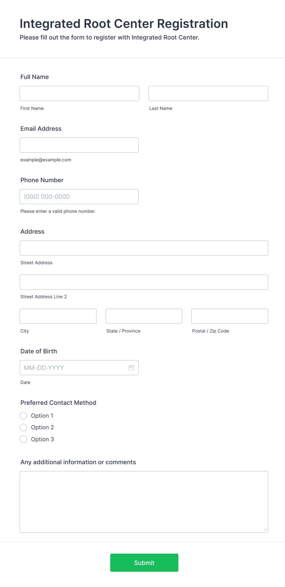 Integrated Root Center Registration Form Template | Jotform
