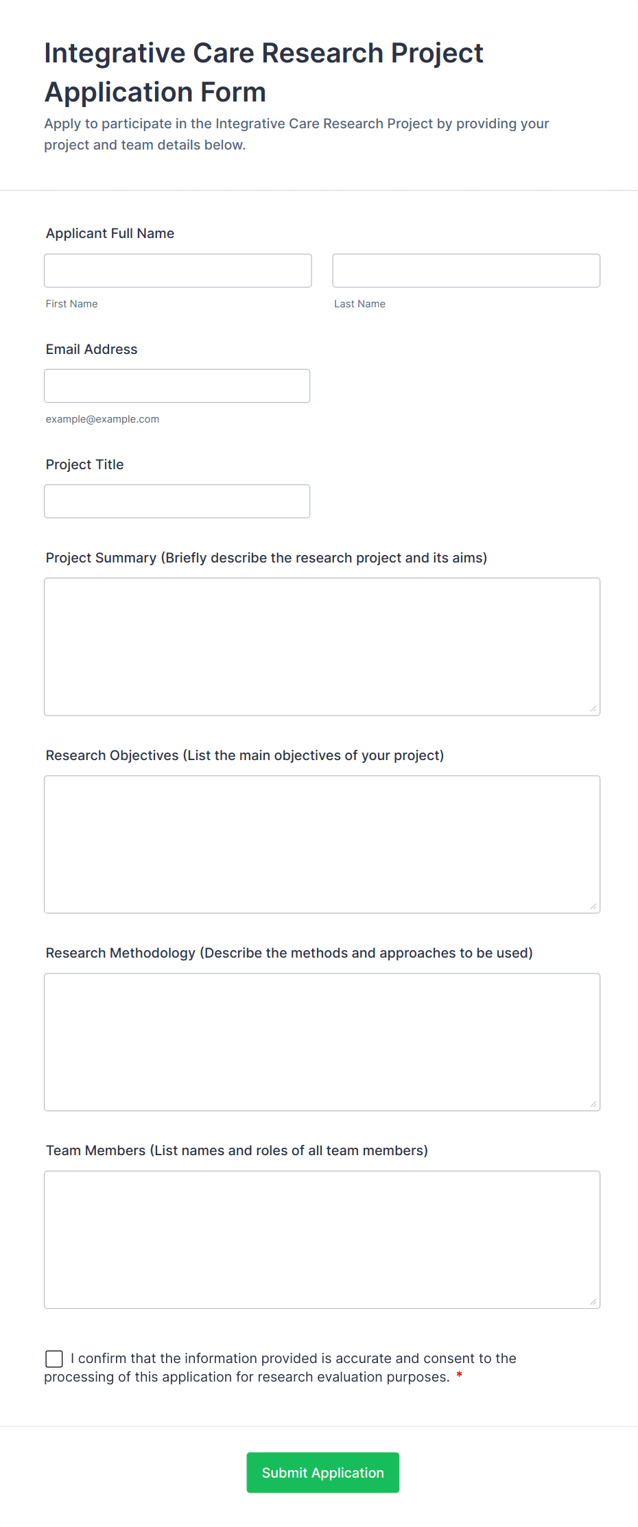 Integrative Care Research Project Application Form Template | Jotform