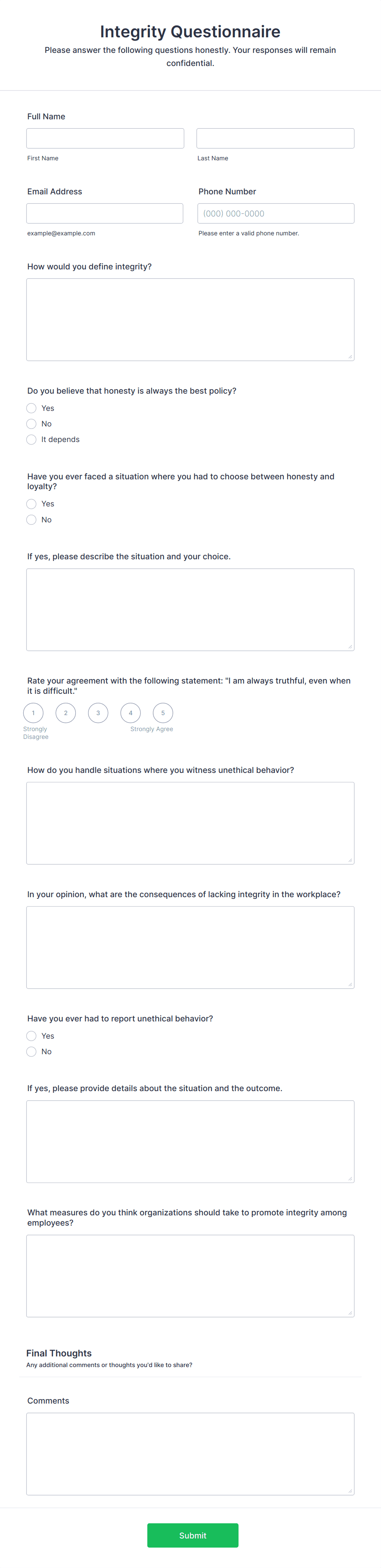 Integrity Questionnaire Form Template | Jotform