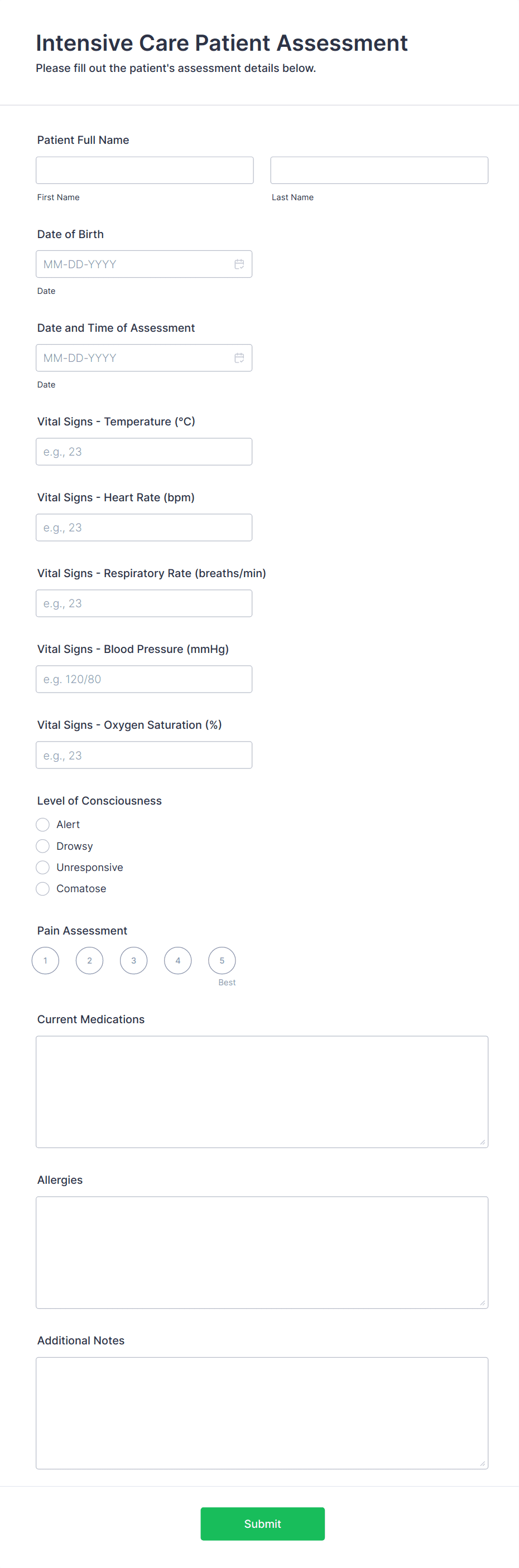 Intensive Care Patient Assessment Form Template | Jotform
