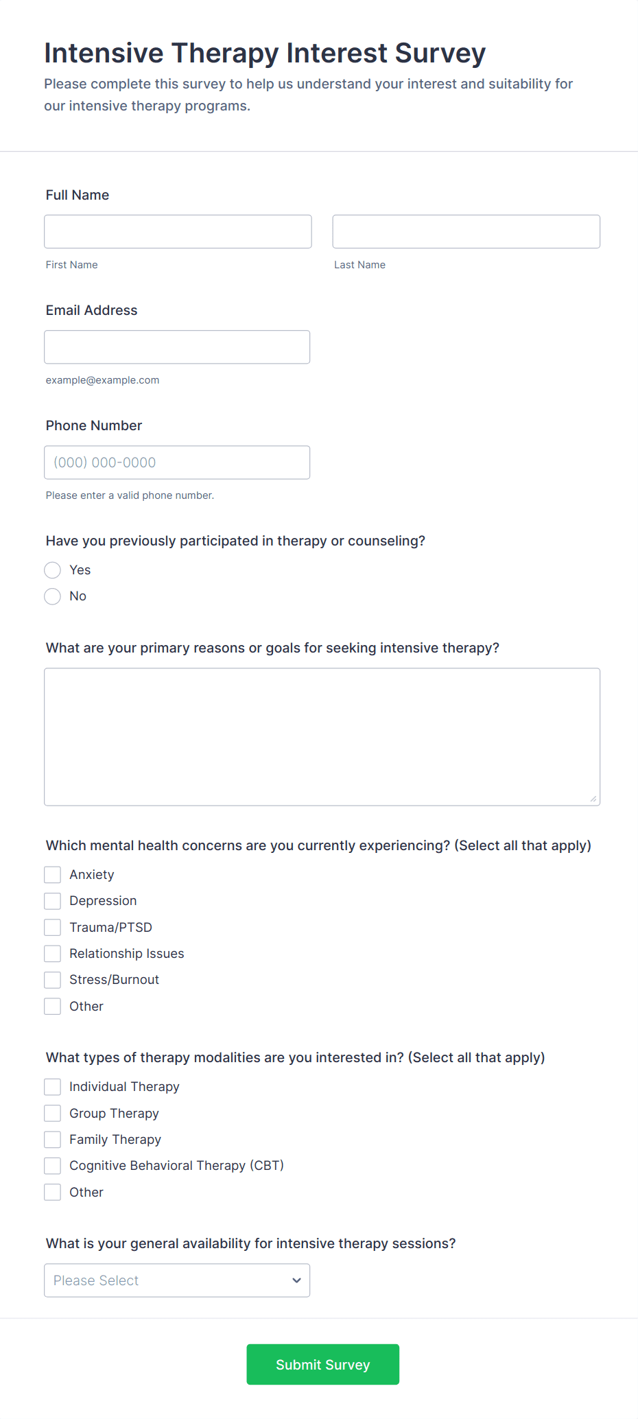 Intensive Therapy Interest Survey Form Template | Jotform
