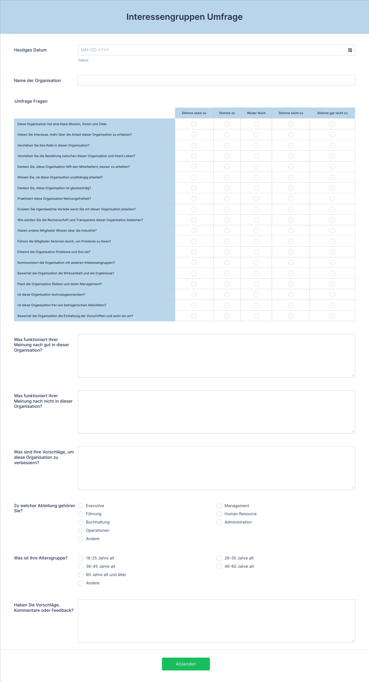 Interessengruppen Umfrage Formularvorlage | Jotform
