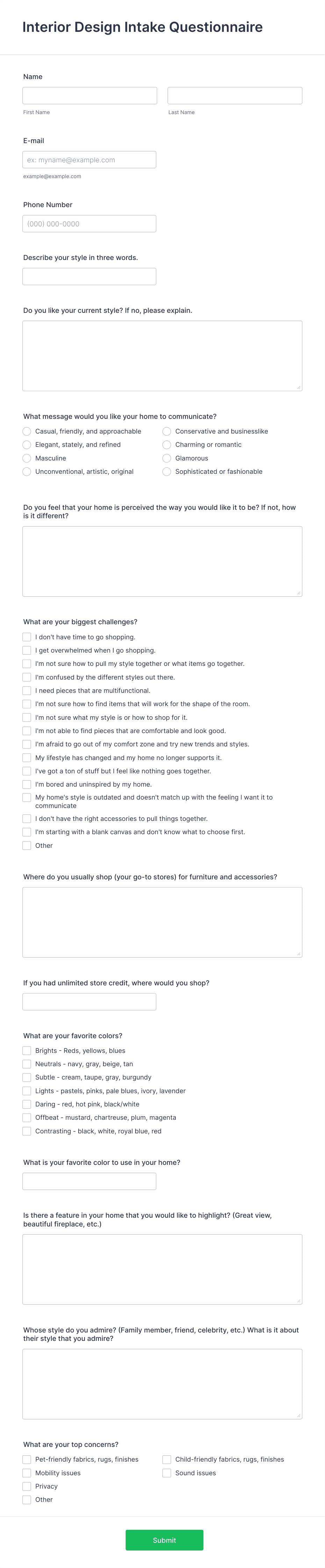 Interior Design Intake Questionnaire Form Template | Jotform