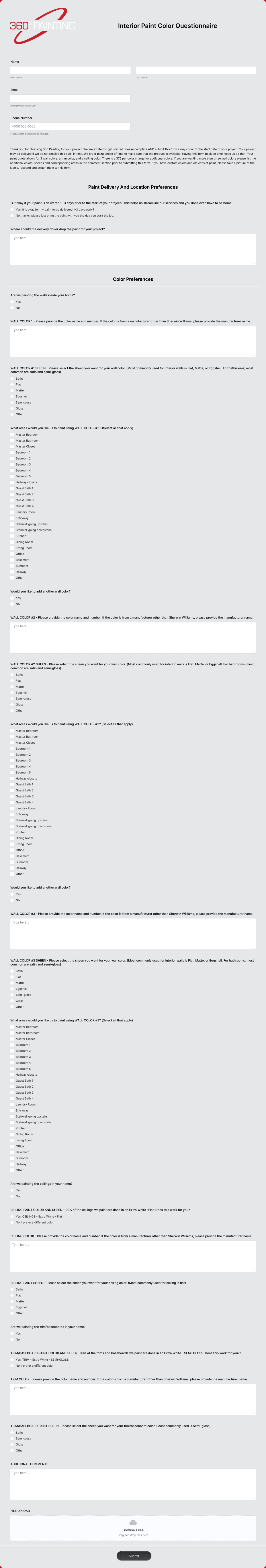 Interior Paint Color Questionnaire Form Template | Jotform