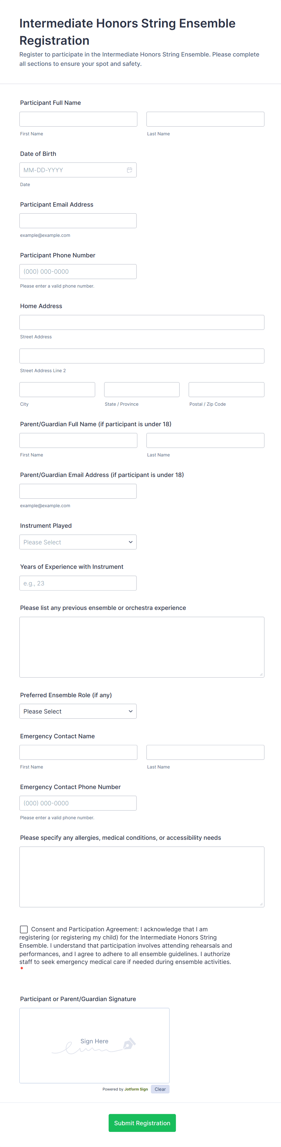 Intermediate Honors String Ensemble Registration Form Template | Jotform