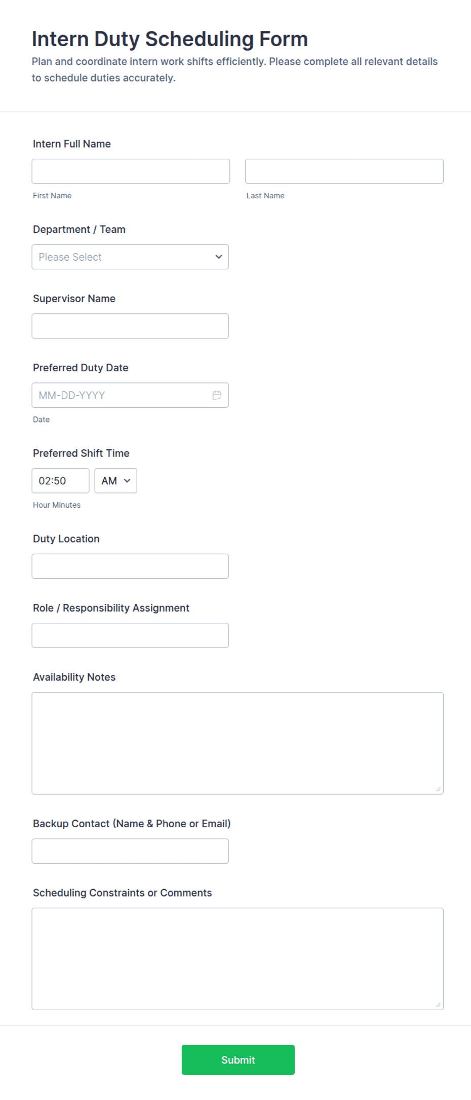 Intern Duty Scheduling Form Template | Jotform