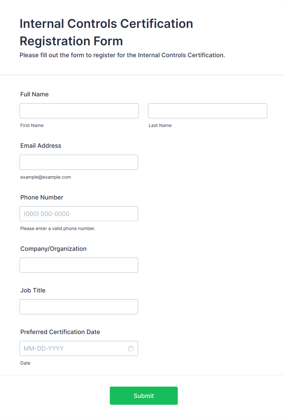 Internal Controls Certification Registration Form Template | Jotform