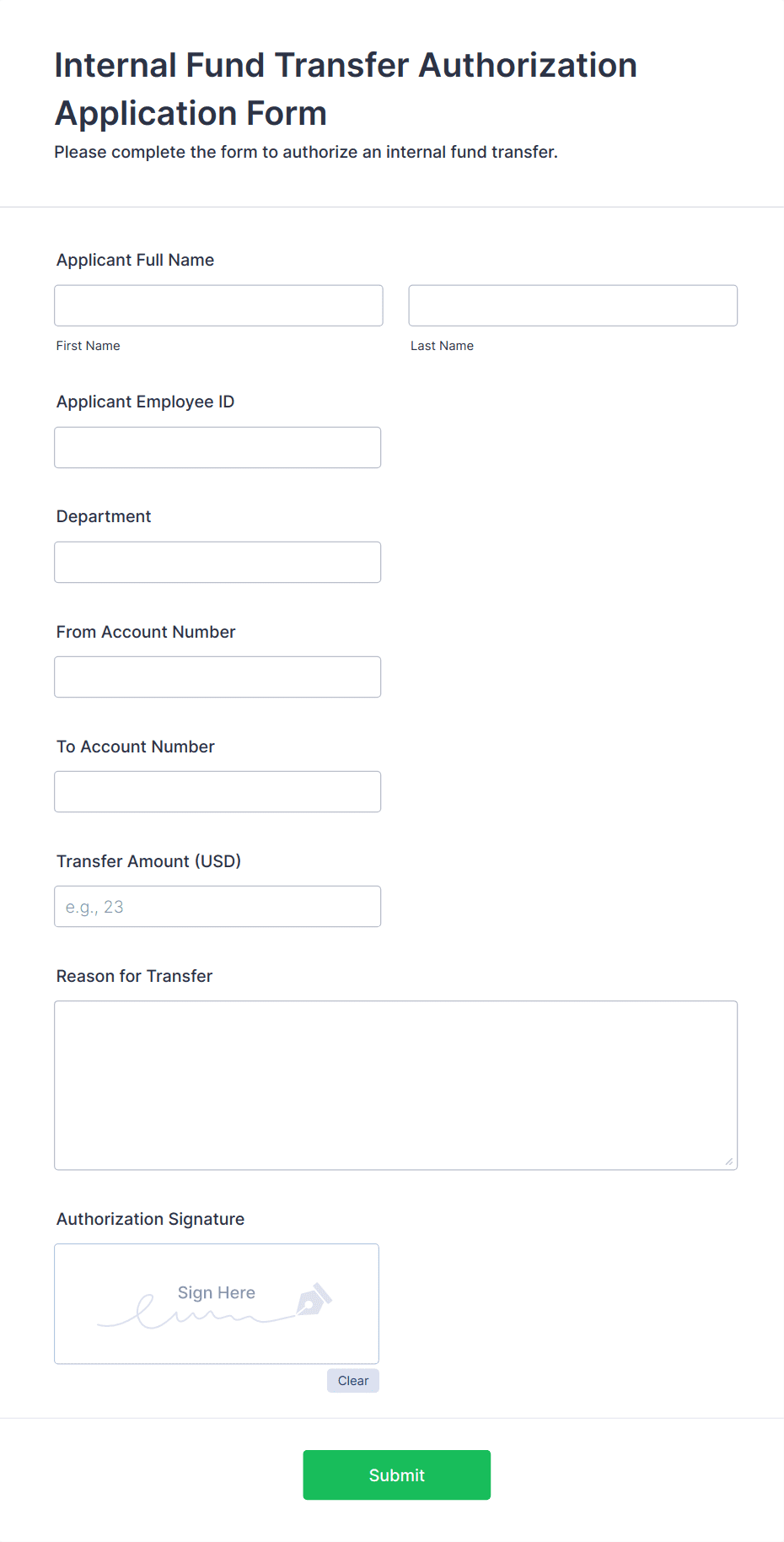 Internal Fund Transfer Authorization Application Form Template | Jotform