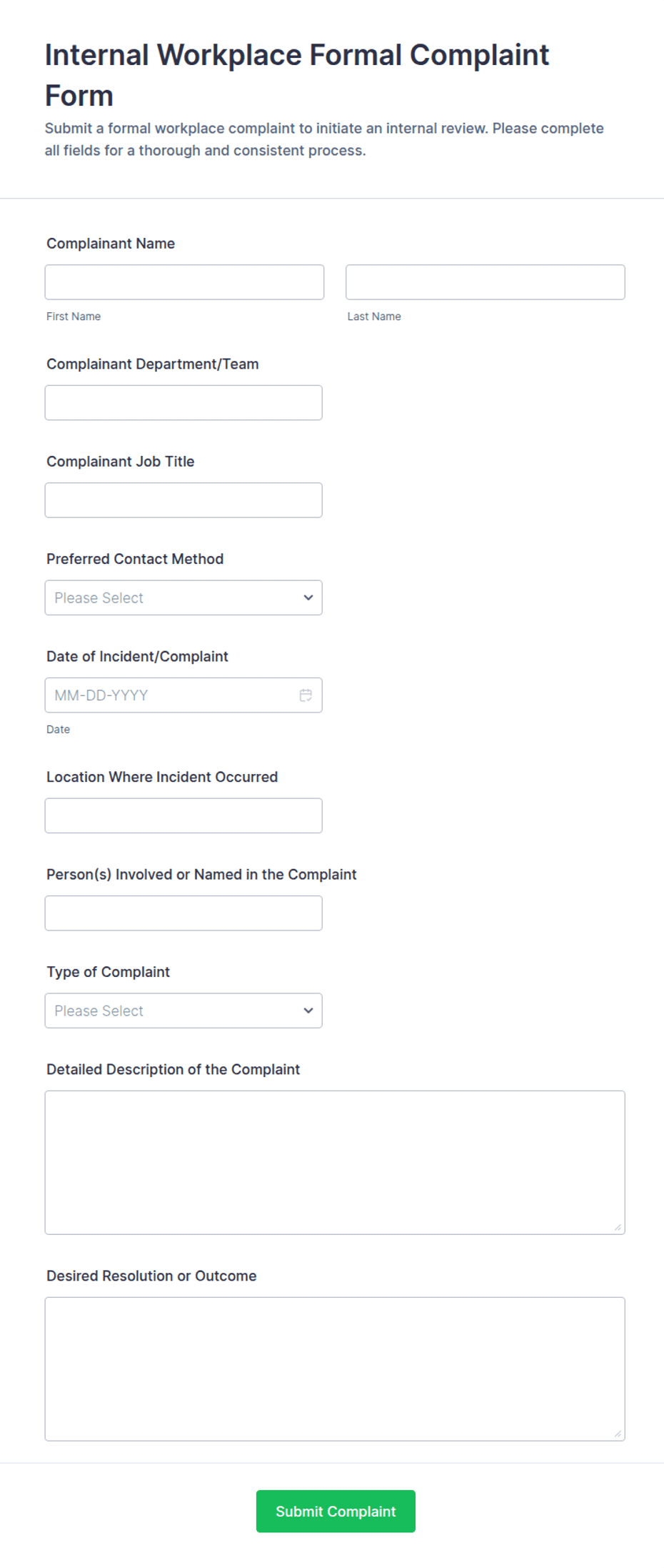 Internal Workplace Formal Complaint Form Template | Jotform