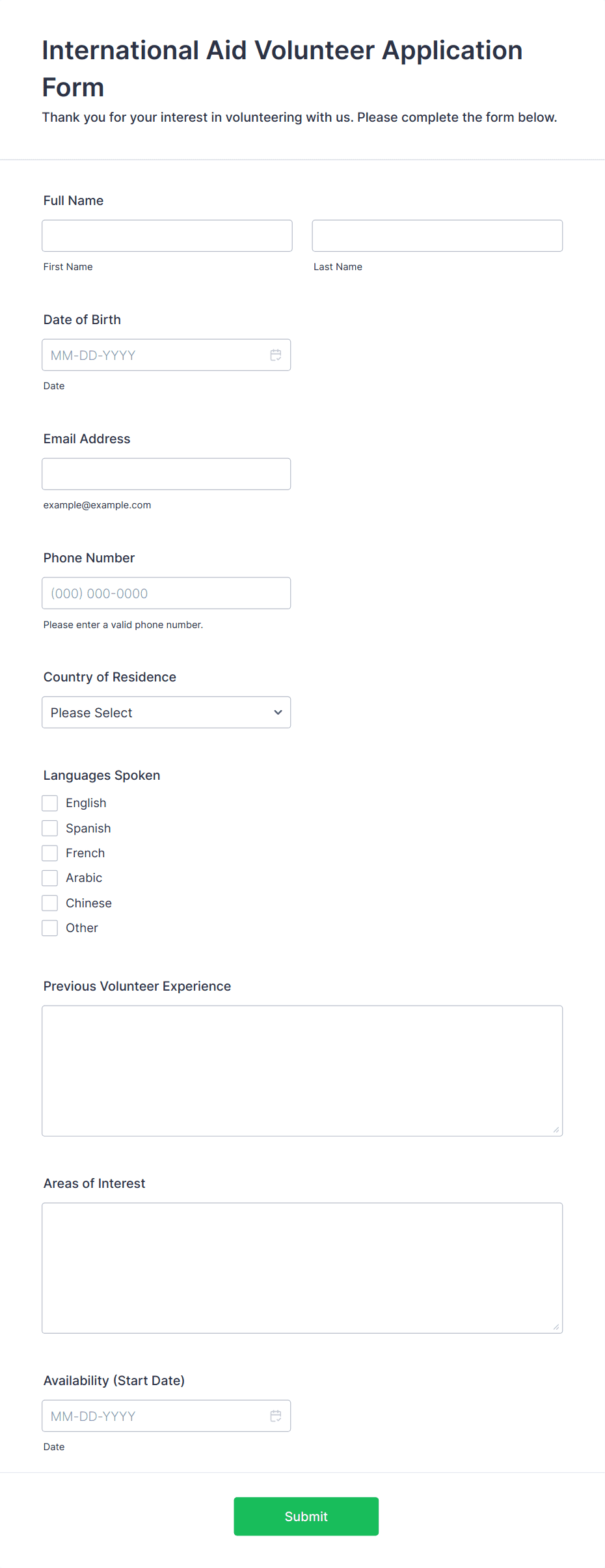 International Aid Volunteer Application Form Template | Jotform