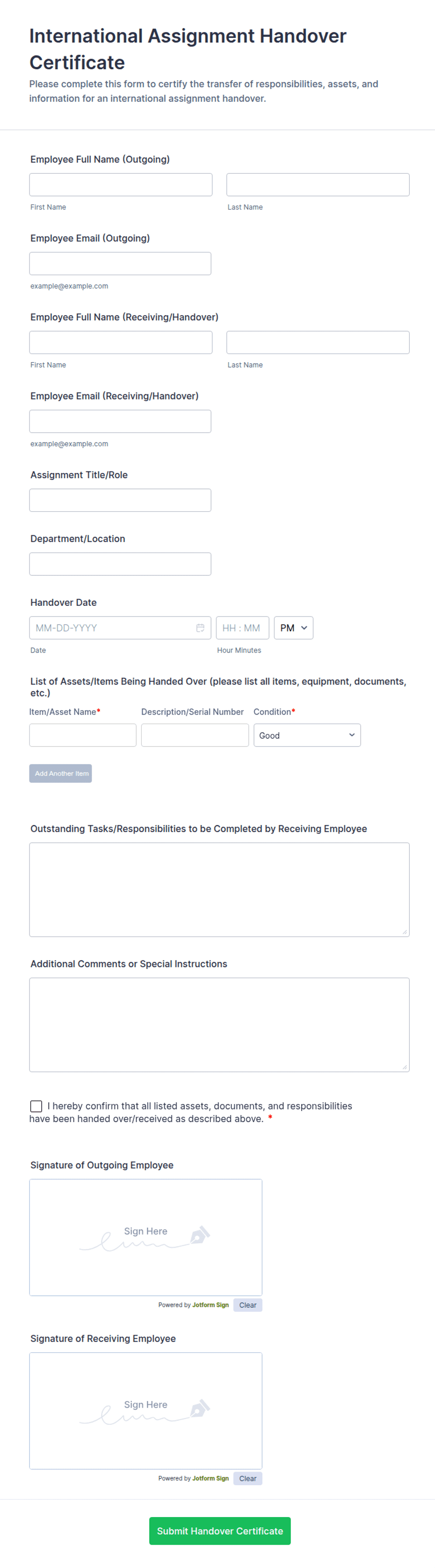 International Assignment Handover Certificate Form Template | Jotform