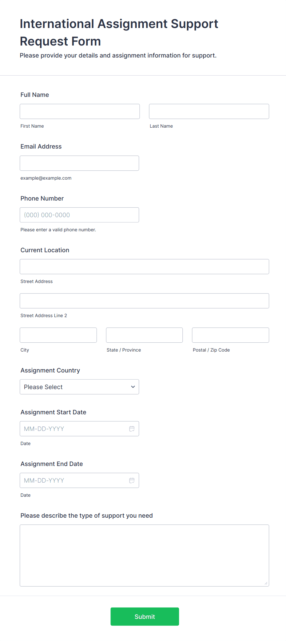International Assignment Support Request Form Template | Jotform