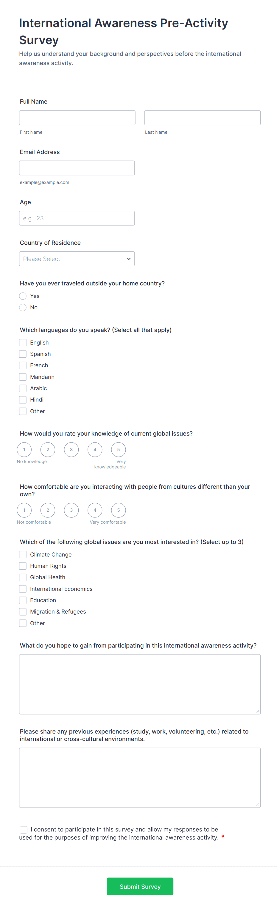 International Awareness Pre-Activity Survey Form Template | Jotform