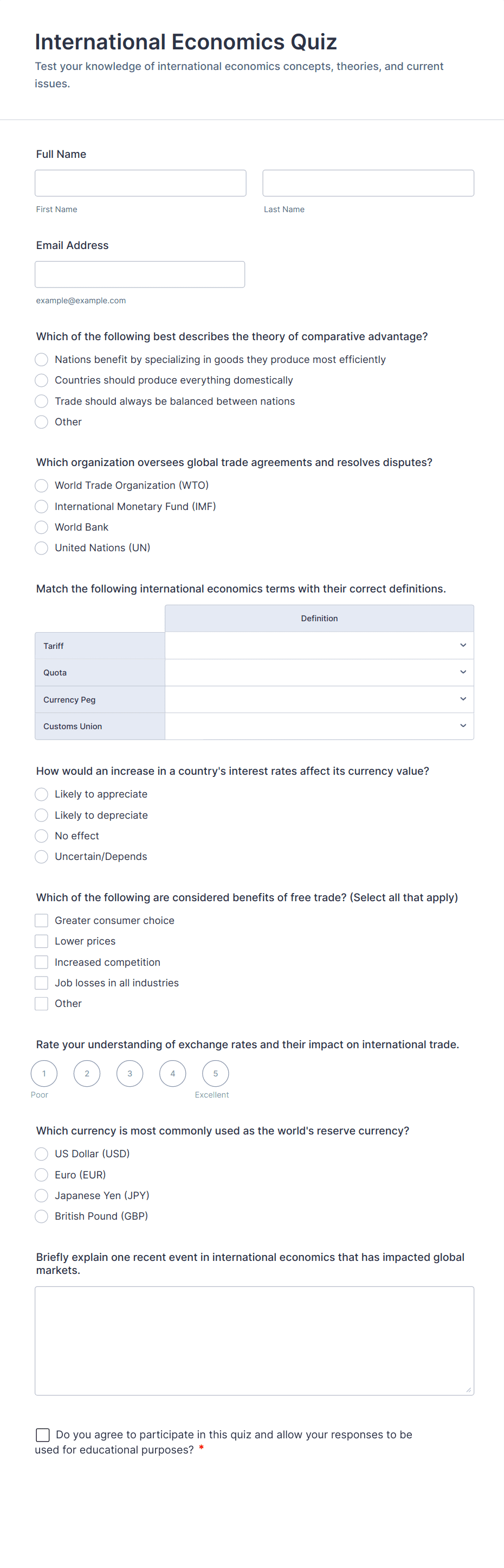 International Economics Quiz Form Template | Jotform