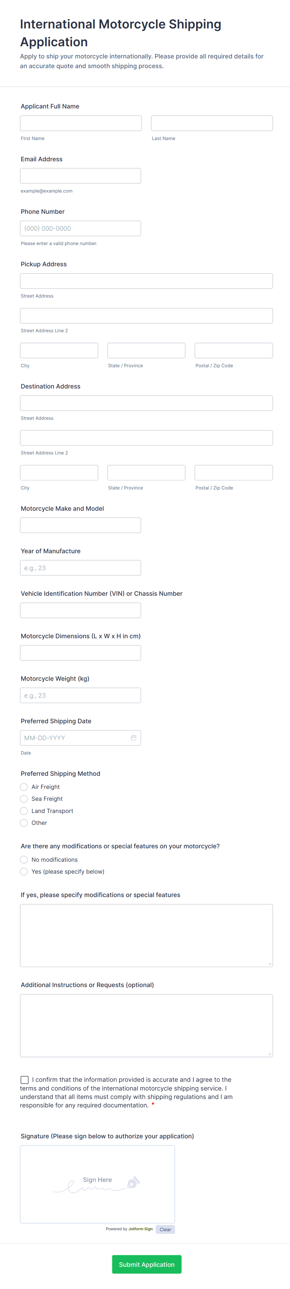 International Motorcycle Shipping Application Form Template | Jotform