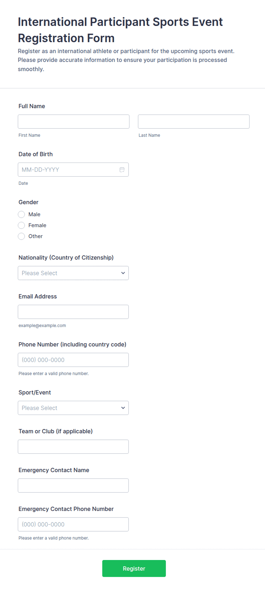 International Participant Sports Event Registration Form Template | Jotform