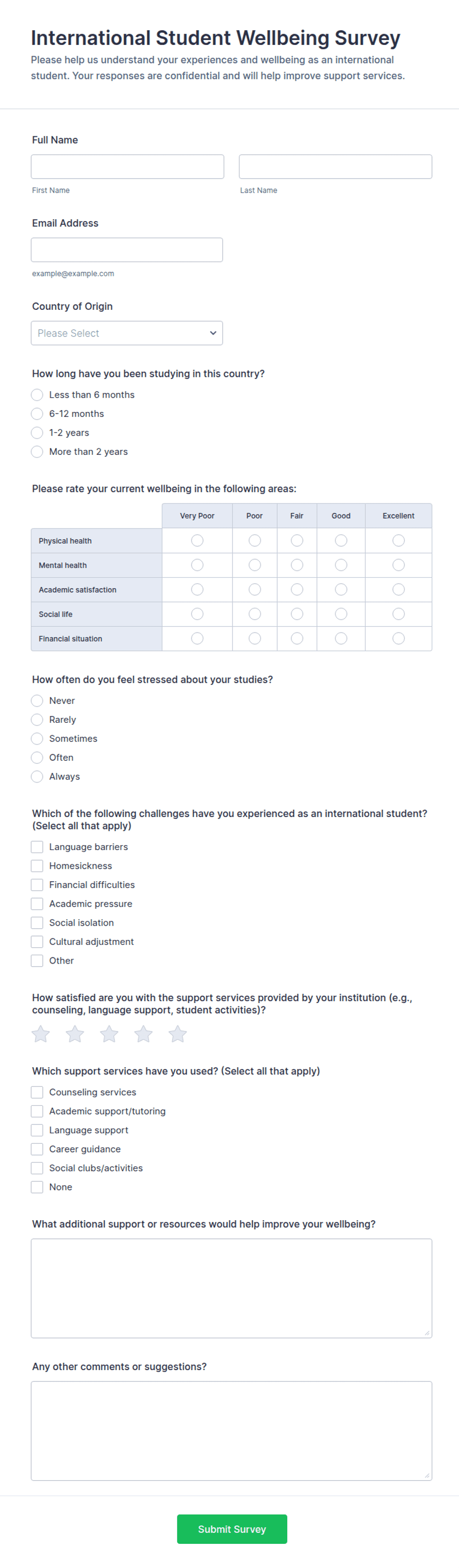 International Student Wellbeing Survey Form Template | Jotform