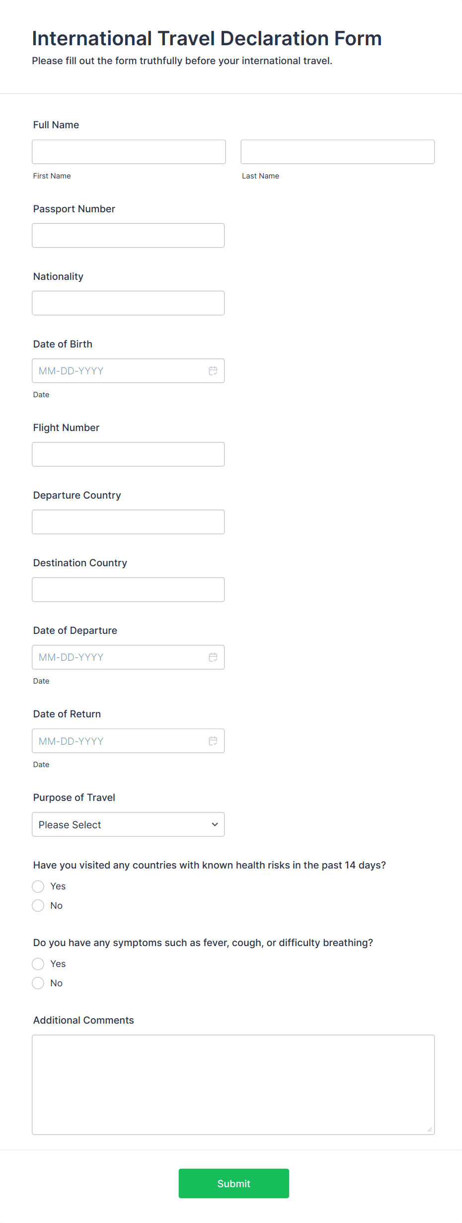 International Travel Declaration Form Template | Jotform