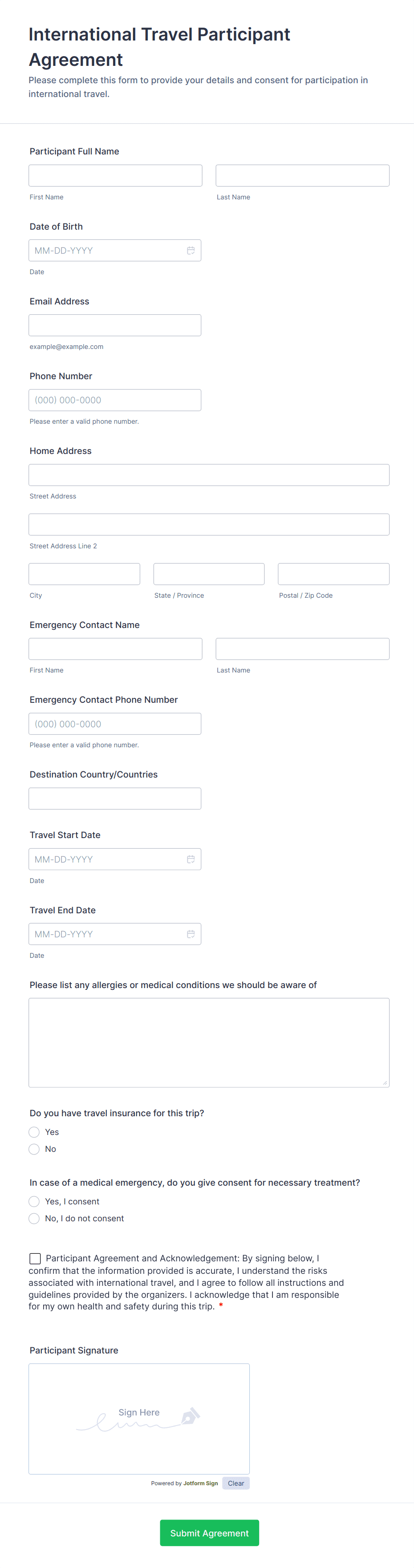 International Travel Participant Agreement Form Template | Jotform