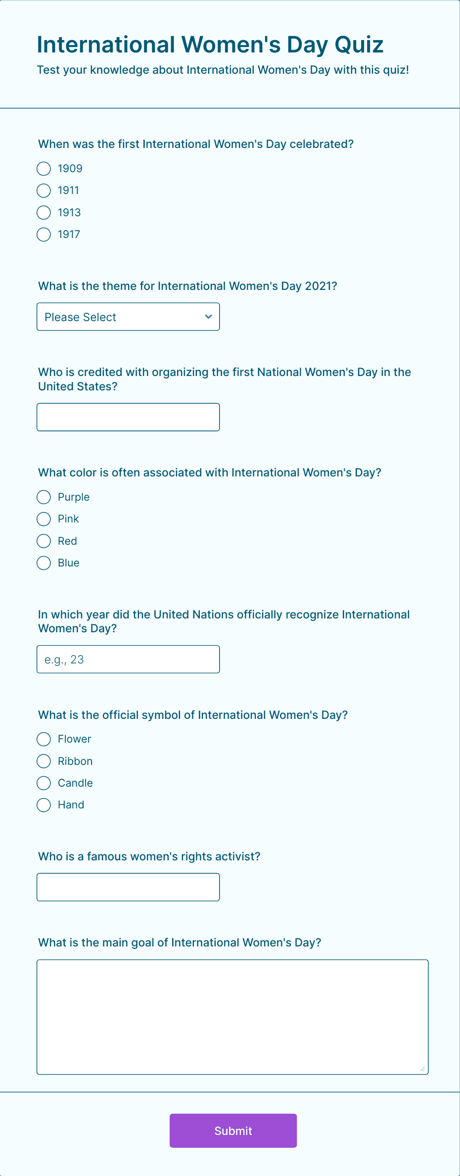 International Women's Day Quiz Form Template | Jotform