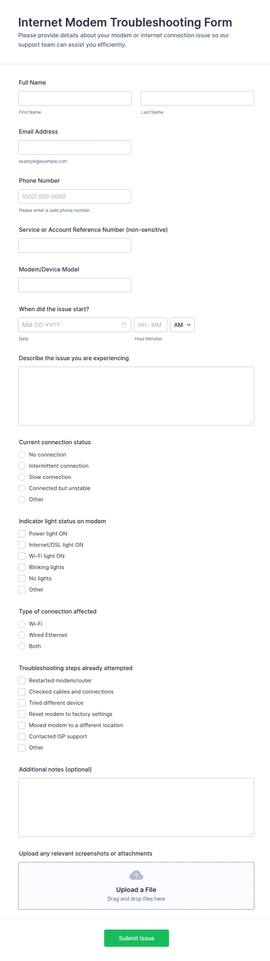 Internet Modem Troubleshooting Form Template | Jotform