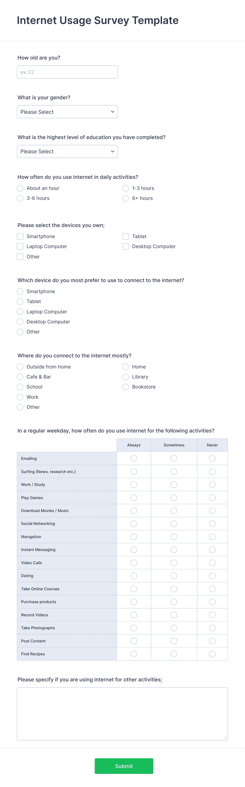 Internet Usage Survey Template Form Template | Jotform