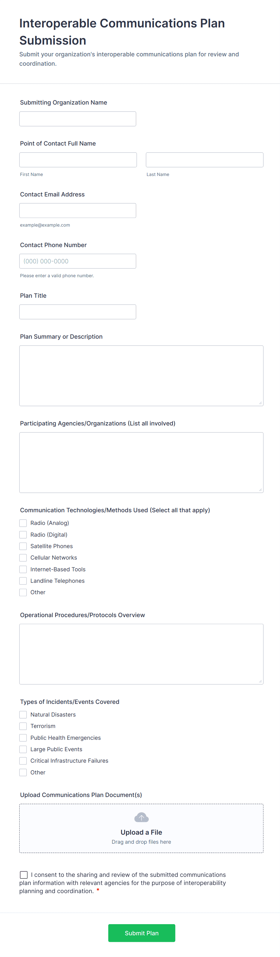Interoperable Communications Plan Submission Form Template | Jotform